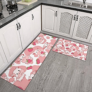 Brilbcu Strawberry Cow Kitchen Mats Set 2 Piece Pink Strawberry Cow Decorative Rugs for Kitchen Low-Profile Strawberry Cow Floor Mats Decorations for Home Kitchen (17x48+17x24 Cute Cow Kitchen Rug)