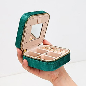 Fixwal Travel Jewelry Case with Mirror, Small Jewelry Organizer Box Plush Velvet for Women Girls Rings Earrings Necklaces Bracelet - Green