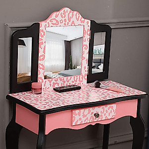 Bonnlo Kids Vanity Set, Princess Vanity Table with Stool, Tri-Folding Mirror Desk for Girls Makeup Dressing Table with Drawer Play Vanity Set