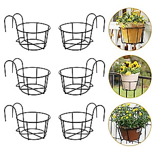 6 Pcs Round Hanging Railing Planters Basket, Metal Flower Pot Holder, Planter Potted Stand Iron Rack Fence Support Stand Shelf with Detachable Hook for Balcony, Garden, Indoor and Outdoor, Black