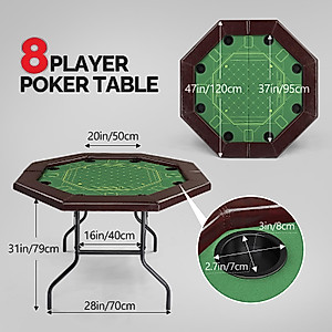 PEXMOR Foldable Poker Table, 8 Player Octagonal Folding Texas Holdem Blackjack Table w/Casino-Grade Felt, Water-Resistant Cushioned Rail, 8 Cup Holders, Portable Collapsible Legs Casino Game Table