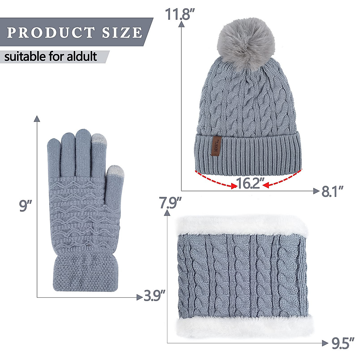 Womens Winter Beanie Hat Scarf and Gloves Set Girls Cable Beanies with Pompom Infinity Scarf Knitted Touch Screen Gloves Sets for Cold Weather Ladies Grey Knit Thick Warm Soft Fleece Lined Thermal Cap