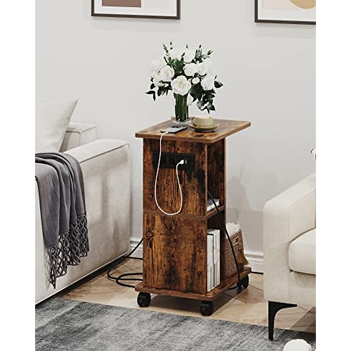 HILINSIE C Shaped End Table with Charging Station - Narrow Side Table with USB Ports and Outlets for Small Spaces, 3-Tier Storage Shelves Nightstand, 11.9 x 15.8 x 21.7 Inches, Rustic Brown