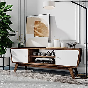 Tangkula Sliding Door TV Stand for TVs up to 55 Inch, Media Console Table with Adjustable Shelf & 2 Storage Cabinets, Modern Entertainment Center, Wooden TV Cabinet for Living Room (Walnut)