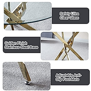39" Round Dining Table, Glass Kitchen Dining Room Table for 4-6, Modern Circle Small Kitchen Table with 0.39" Tempered Glass Tabletop and Golden Stainless Steel Legs for Dinner Small Spaces