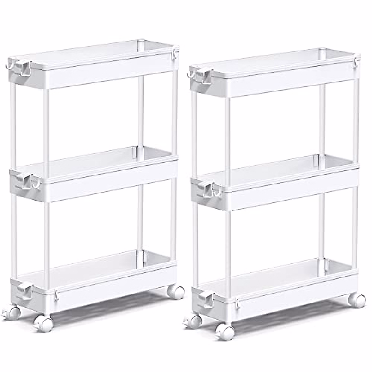 SPACEKEEPER Slim Storage Cart, 3 Tier Bathroom Storage Organizer Rolling Utility Cart Mobile Shelving Unit Slide Out Storage Tower Rack for Kitchen Laundry Narrow Places, White, 2 Pack