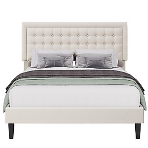 Keyluv Full Size Bed Frame with Button Tufted Headboard, Modern Fabric Upholstered Platform Bed Frame, Strong Wooden Slats Support, No Box Spring Needed, Beige