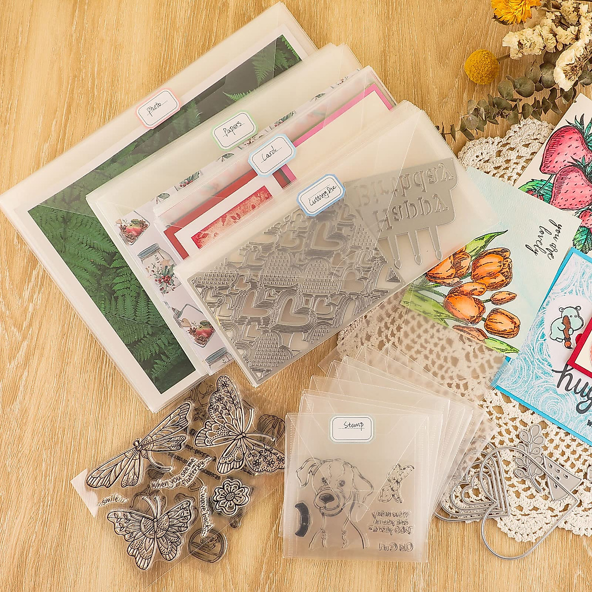 Briartw 10 Pack Large Storage Bag,11.5"x9"Resealable Plastic Envelopes Pockets for Cutting Dies Stencil Crafts Organizer Holder,Clear Storage Envelopes for Clear Stamp,Die Cuts,Scrapbook Paper