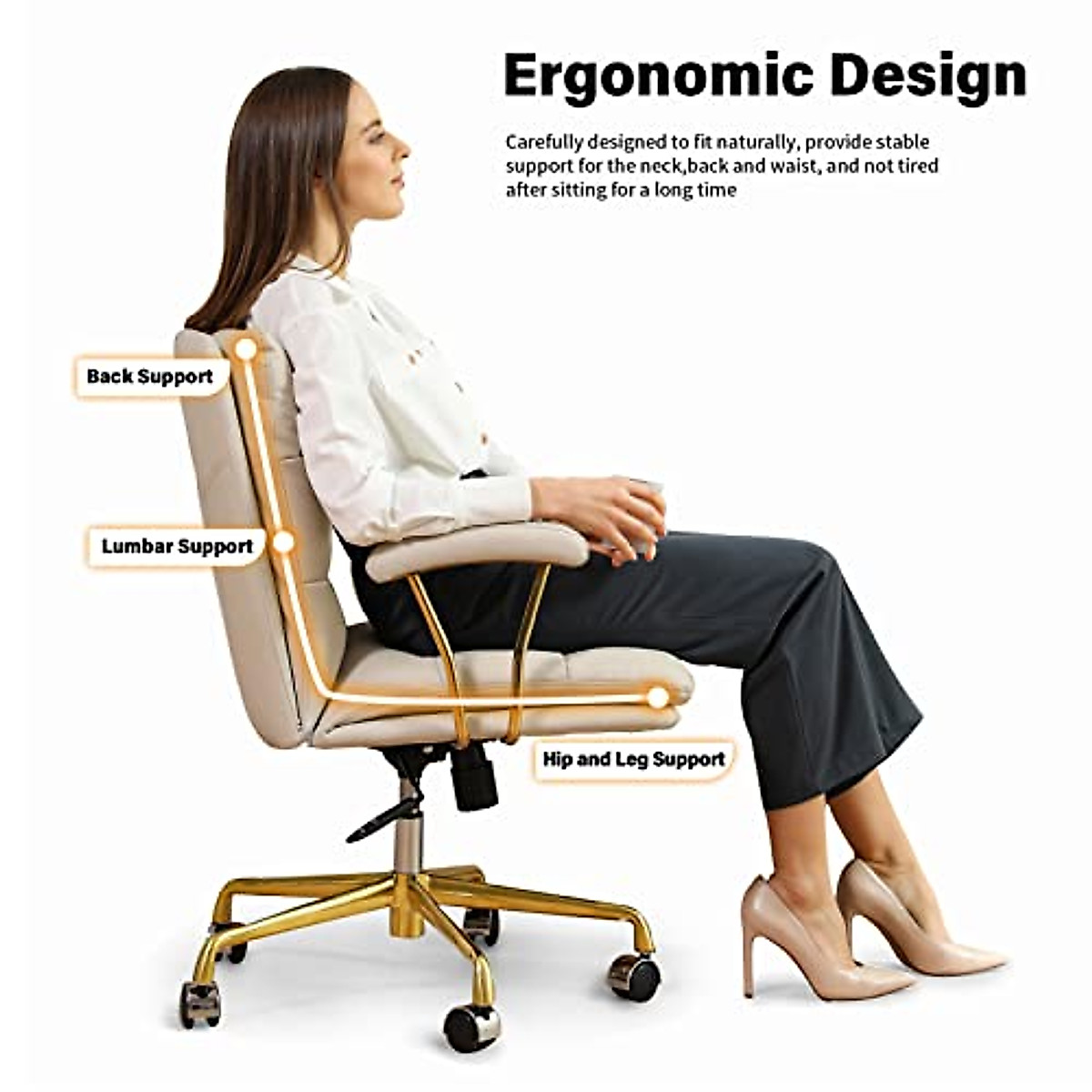 EMIAH Office Desk Chair Ergonomic Computer Chair Mid-Back PU-Padded Executive Adjustable Rolling Swivel Task Chair, Home Office Desk Chairs with Upholstered Armrest & Thickened Cushion