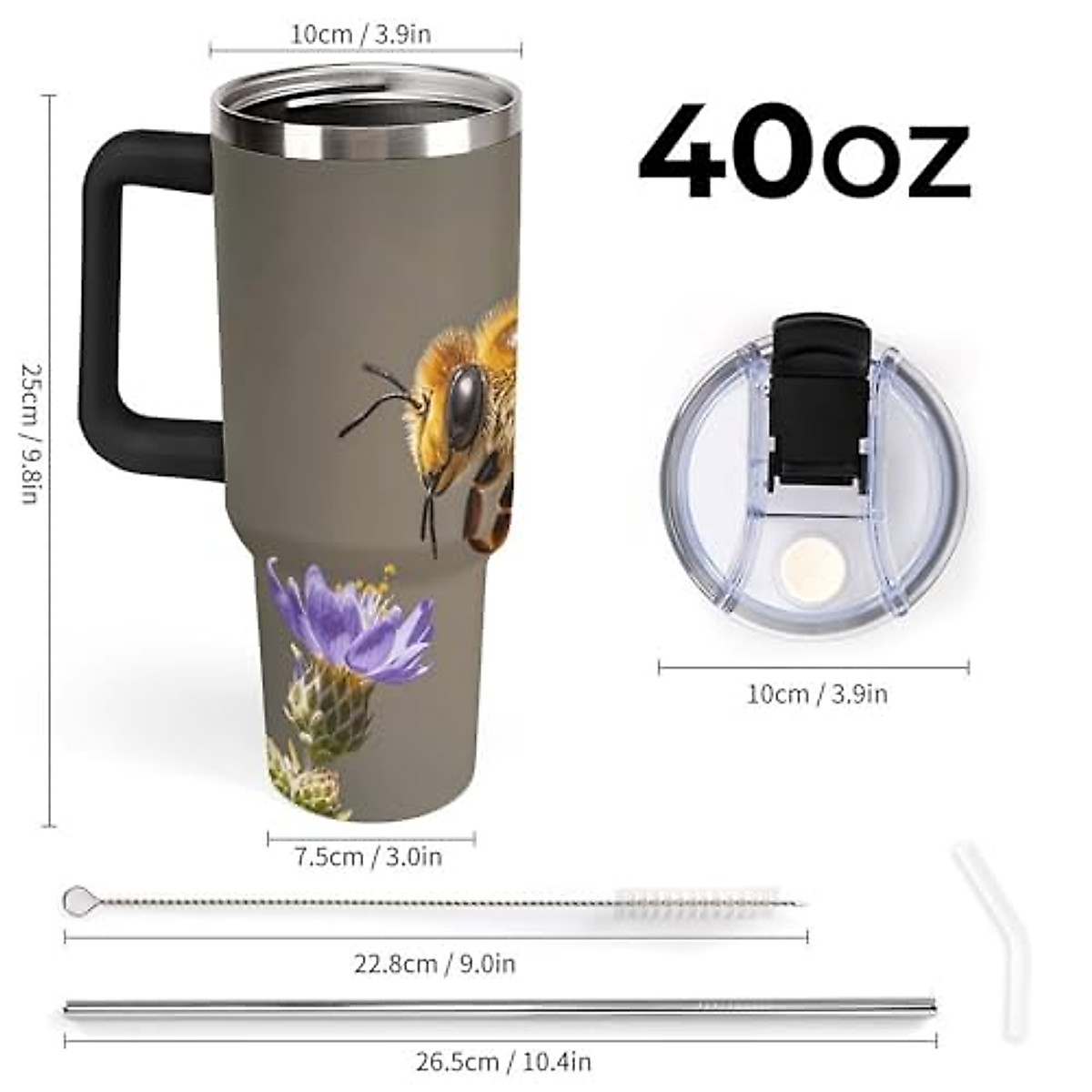 FZQVSGW Bee Flying 40 Oz Tumbler with Handle And Straw Stainless Steel Vacuum Insulated Tumblers Reusable Keep Drinks Cold Coffee Cup Holder Friendly Gifts for Women Men Car Gym Travel