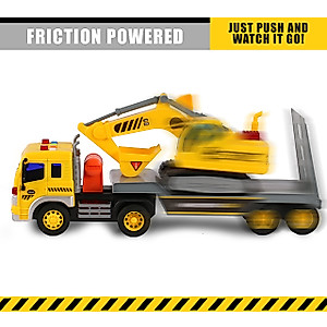 TOYTHRILL Tow Truck with Excavator Toy for Boys 2+ Year Old, Construction Truck Toy with Excavator, Semi Truck with Lights and Sounds, Flatbed Truck Toy Push and Go Construction Vehicle for Kids