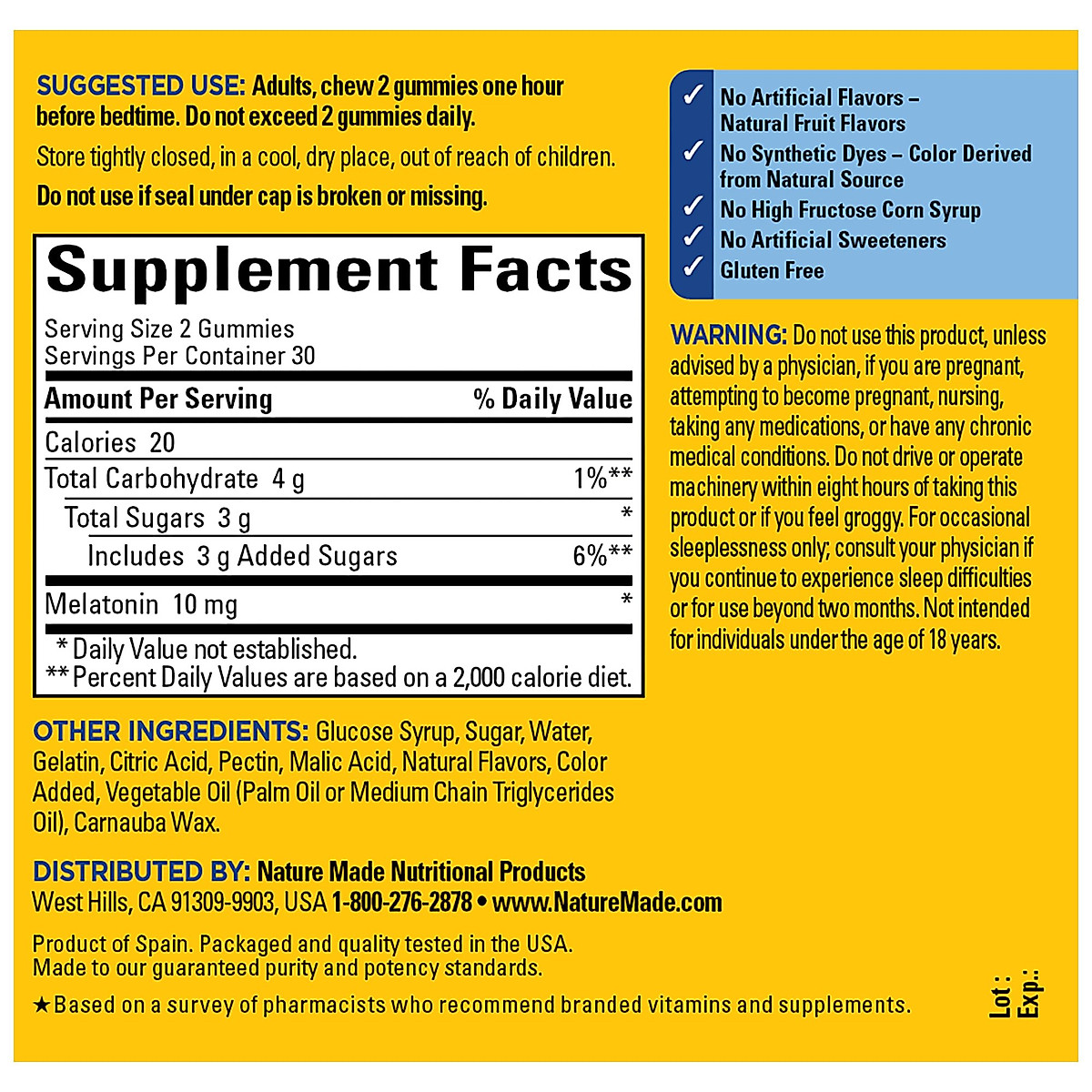 Nature Made Melatonin 10mg per serving Gummies, Maximum Strength Dosage, 100% Drug Free Sleep Aid for Adults, 60 Melatonin Gummies, 30 Day Supply