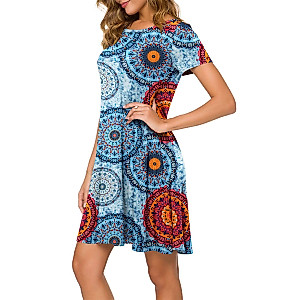 POPYOUNG 2025 Women's Summer Casual T-Shirt Dresses Crew Neck Beach Cover Up Sun Dress 2XL, Floral Mixed Blue