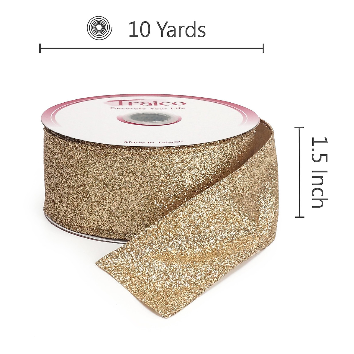 Traico Gold Glitter Wired Ribbon - 1.5 Inch x 10 Yards (30 Ft) x 1 Roll for Christmas Home Decor Gift Wrapping Bow Making Wreath DIY Crafts Wedding