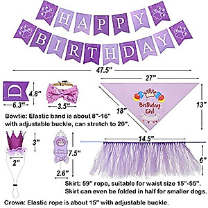 Cozifree Dog Birthday Bandana Girl Boy 6Pcs Birthday Party Supplies - Tutu Skirt Crown Hat Scarf Tie Happy Birthday Banner Cake Topper Decorations Birthday Outfit for Pet Puppy Cat Purple