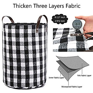 Collapsible Round Storage Basket with Leather Handles, Woolen Fabric Easter Eggs Basket Home Decorative Organizer, Medium, Black White Grey Grids