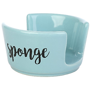 MyGift 3 Inch Small Modern Aqua Blue Glazed Ceramic Sink Sponge Dish with Black Cursive Lettering"Sponge" Label, Kitchen Dishwashing Scrubber Holder Caddy