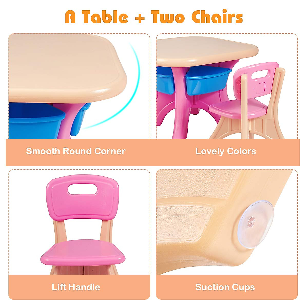 HONEY JOY Kids Table and Chair Set, Plastic Children Activity Table and 2 Chair Set w/Storage Bins, 3 Piece Child Furniture Set for Daycare Playroom, Toddler Table and Chair Set for Boys Girls(Pink)