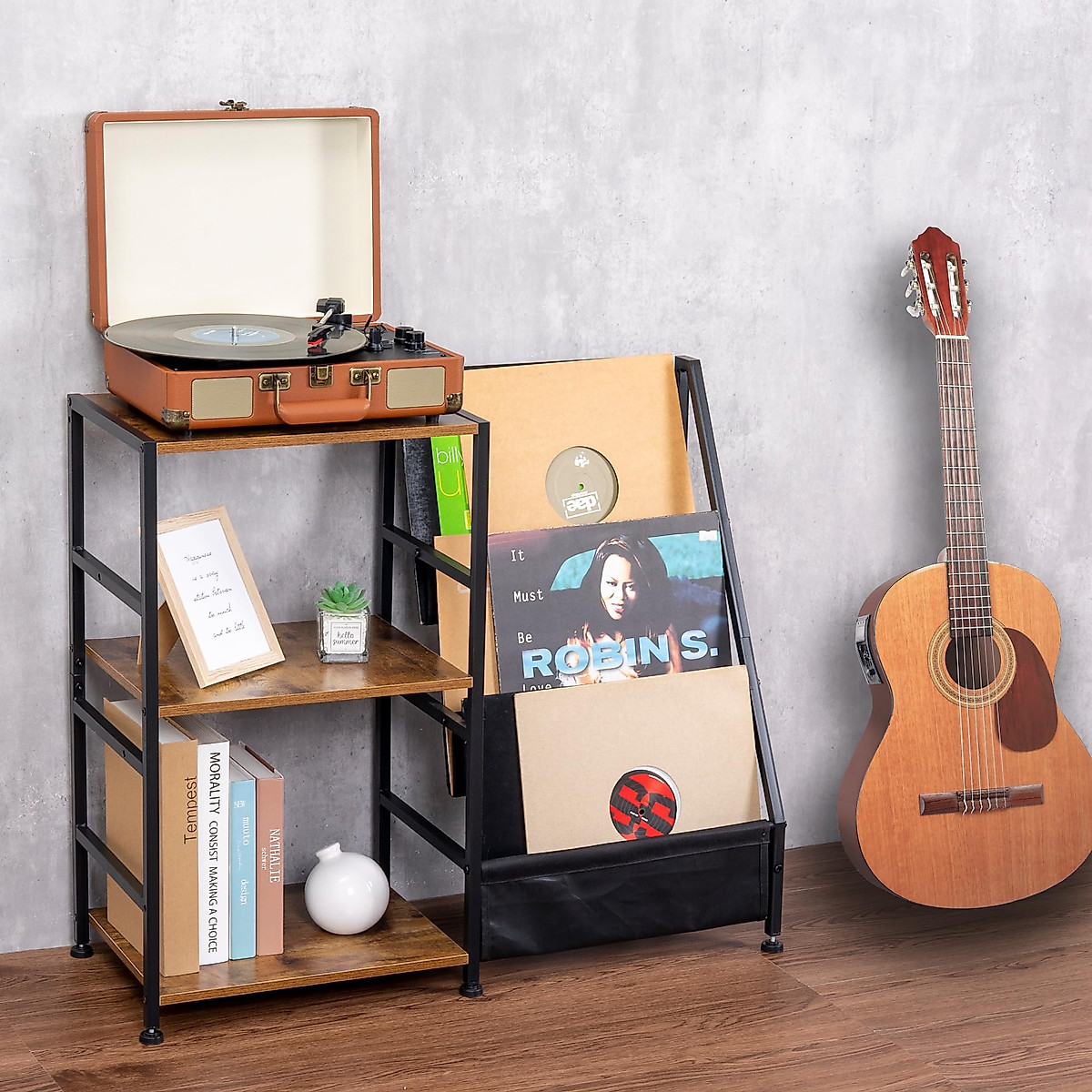 Zekeoney Record Player Stand Turntable Stand with 3-Tier Vinyl Record Storage, Vinyl Holder Display Shelf Holds Up to 200 Albums, Vinyl Record Holder Cabinet for Living Room, Bedroom