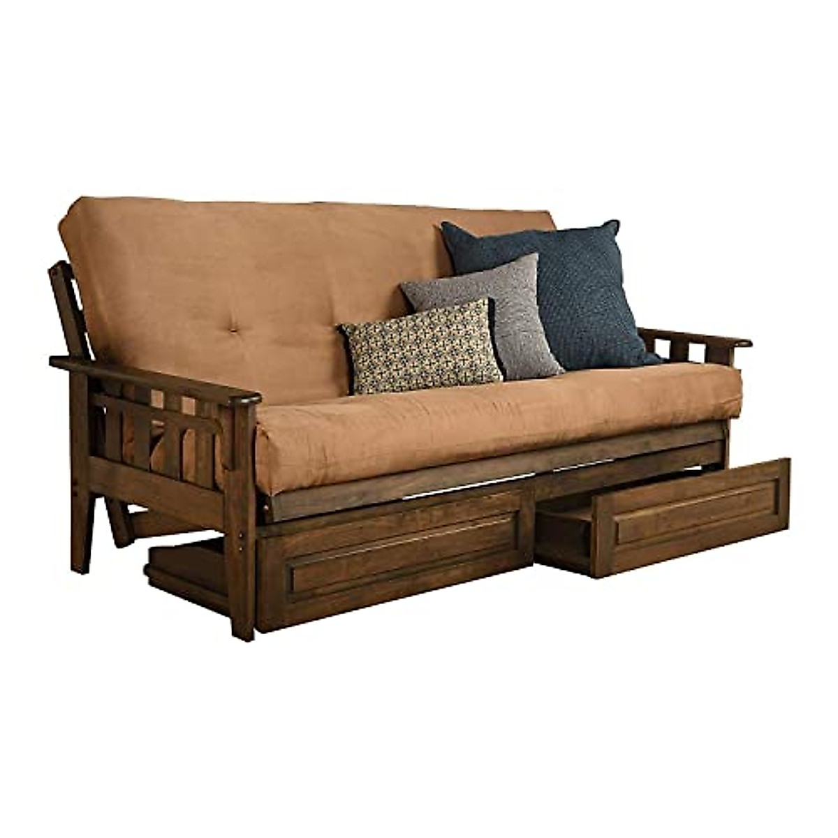 HomeStock Rococo Romance Futon Frame-Rustic Walnut Finish-Suede Peat Mattress-Storage Drawers