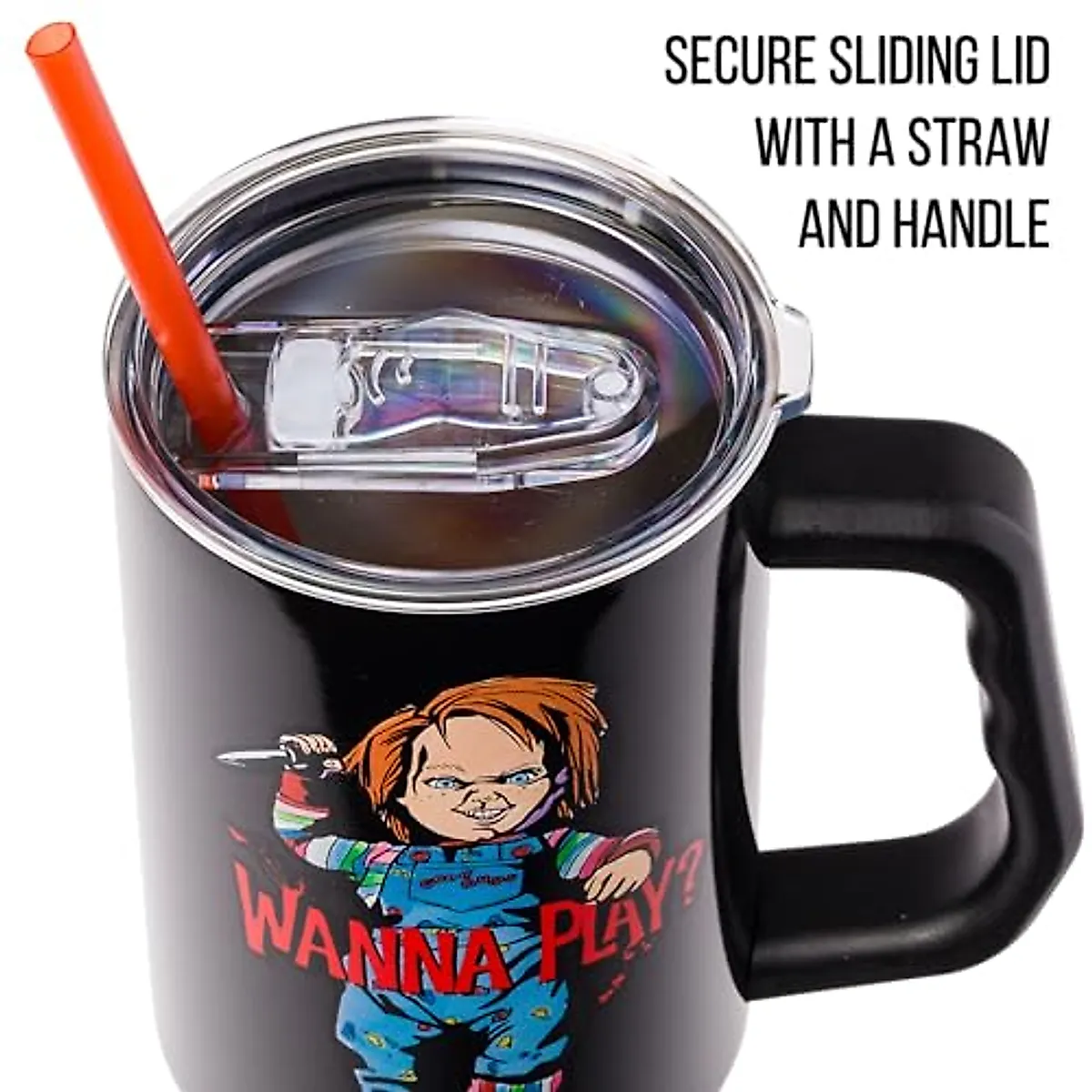 Silver Buffalo Chucky Holding Knife Wanna Play Spooky Scary Stainless Steel Tumbler with Handle and Straw, Fits in Standard Cup Holder, 40 Ounces