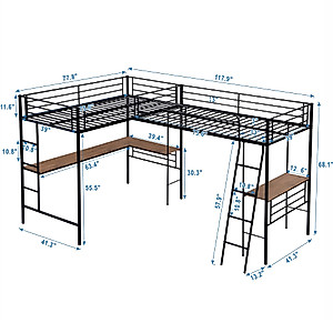 Harper & Bright Designs L Shaped Metal Loft Bed with 2 Desk, Twin Loft Bed with Safety Rail and 2 Ladder, Heavy-Duty Steel Frame Corner Twin Bed for 2 Kids Girls Boys Teens (Twin Size, Black)