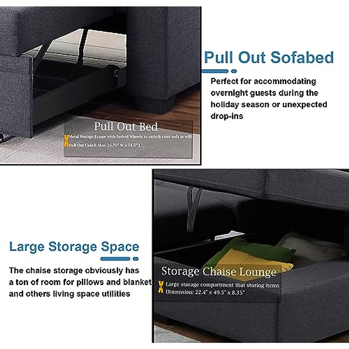 asunflower Sleeper Couch Sectional Sofa with Pull Out Sofa Bed for Living Room 6 Seater Sleeper Sectional Couch with Storage Chaise U Shape Modular Sectional Sofa Bed,Dark Gray