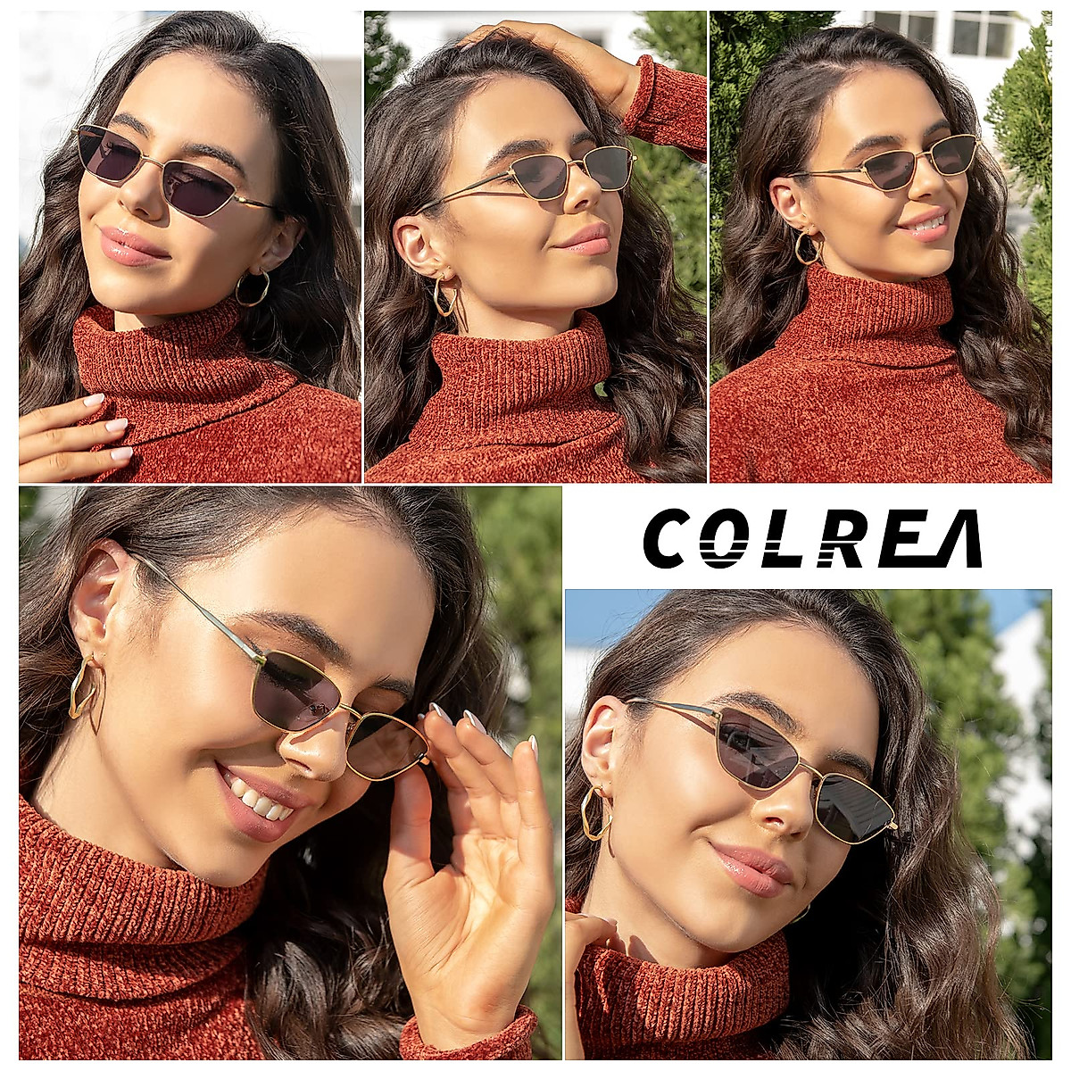 Colrea Vintage Small Cat Eye Sunglasses Fashion Narrow Metal Frame Rectangle Sun Glasses 100% UV Protection CL22009 (Black)