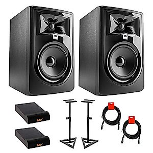 JBL 305P MkII Powered 5" Studio Monitor (Pair) Bundle with Studio Monitor Stands (Pair), 2x Small Pads & XLR-XLR Cable