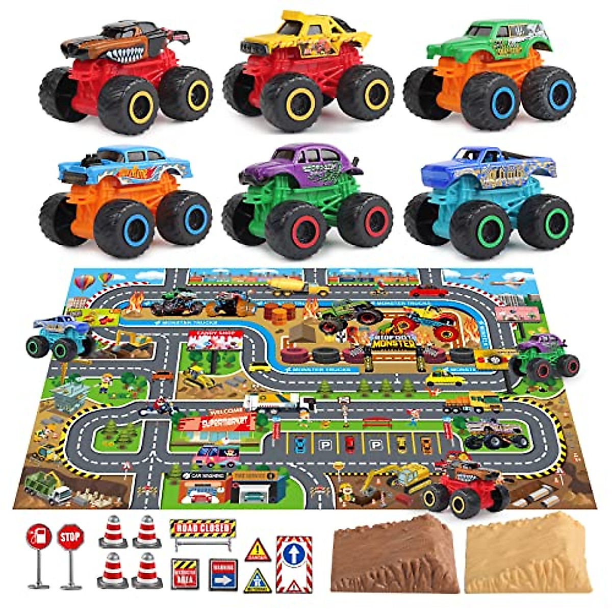 Oriate Monster Trucks Playset for Boys, Include 6 Pack Chaos Diecast Monster Toy Vehicle Truck w/ 47"x 31" Activity Play Mat, Kids Mini Car Set for Kids Gifts Style2