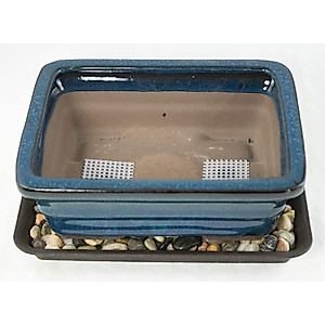 8" Rectangular Dark Blue Bonsai / Succulent Pot + Tray + Rock + Mesh Combo