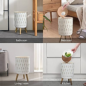 Small Trash Can with Lid Seamless Folk Flower Banner Gender Neutral Baby Border Simple Wood Legs Press Cover Garbage Bin Round Waste Bin Wastebasket for Kitchen Bathroom Office 7L/1.8 Gallon