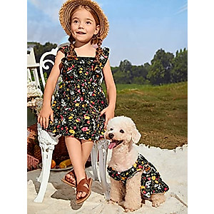 QWINEE Flower Print Dog Dress Ruffle Sleeve Puppy Princess Dress Casual Lightweight Party Vacation Dresses for Small Medium Cats Dogs Black M