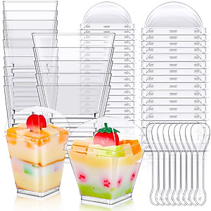 100 Sets Square Dessert Cups with Lids and Spoons Including 50 Pcs 5 oz Clear Yogurt Parfait Cups with Lids 50 Pcs 7oz Small Plastic Dessert Cups Glass Mini Shooter Cups Container for Ice Cream Bowl