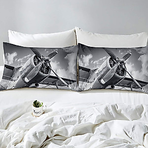 Erosebridal Airplane Bedding Set Aircraft Pattern Duvet Cover Full Size for Kids Boys Girls Aviation Aerospace Comforter Cover Grey Gray Soft Microfiber Quilt Cover for Child's Dorm Room