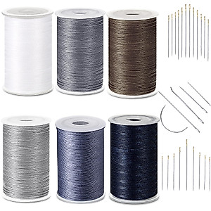 6 Rolls Strong Upholstery Thread High Strength Sewing Waxed Thread with Hand Stitching Needle Set for Denim Leather Craft DIY Machine (White, Gray, Brown, Light Gray, Blue, Dark Blue, 0.55 mm)