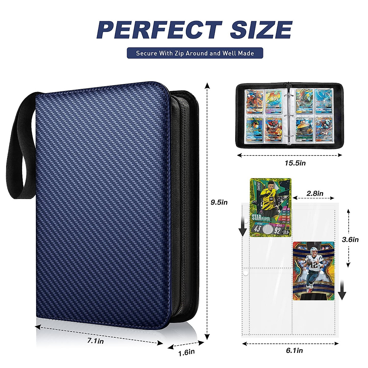 400 Pockets PACKAPRO Trading Cards Binder - Zipper Sports Cards Collector with Removable Sleeves - Card Binders Album Folder Holder for TCG Yugioh Cards Binder Boys Girls Gifts - Stripe Blue
