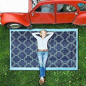 SAND MINE Reversible Mats, Plastic Straw Rug, Modern Area Rug, Large Floor Mat and Rug for Outdoors, RV, Patio, Backyard, Deck, Picnic, Beach, Trailer, Camping (5' x 8', Blue Quatrefoil)