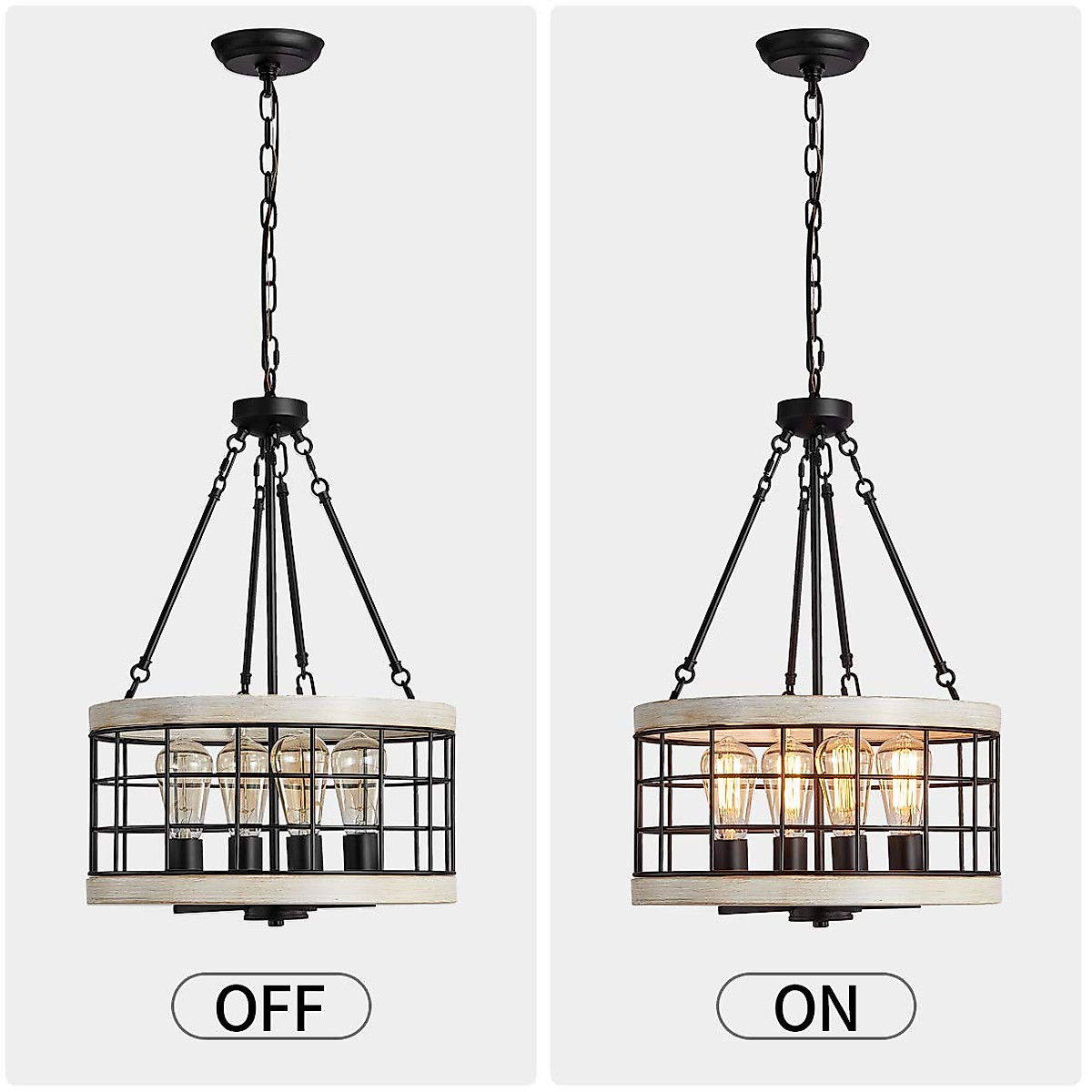 TZOE White Oak Wood Color&Black Metal Finish 4-Light Chandeliers for Dining Rooms,Farmhouse Drum Chandelier,Rustic Small Pendant Light