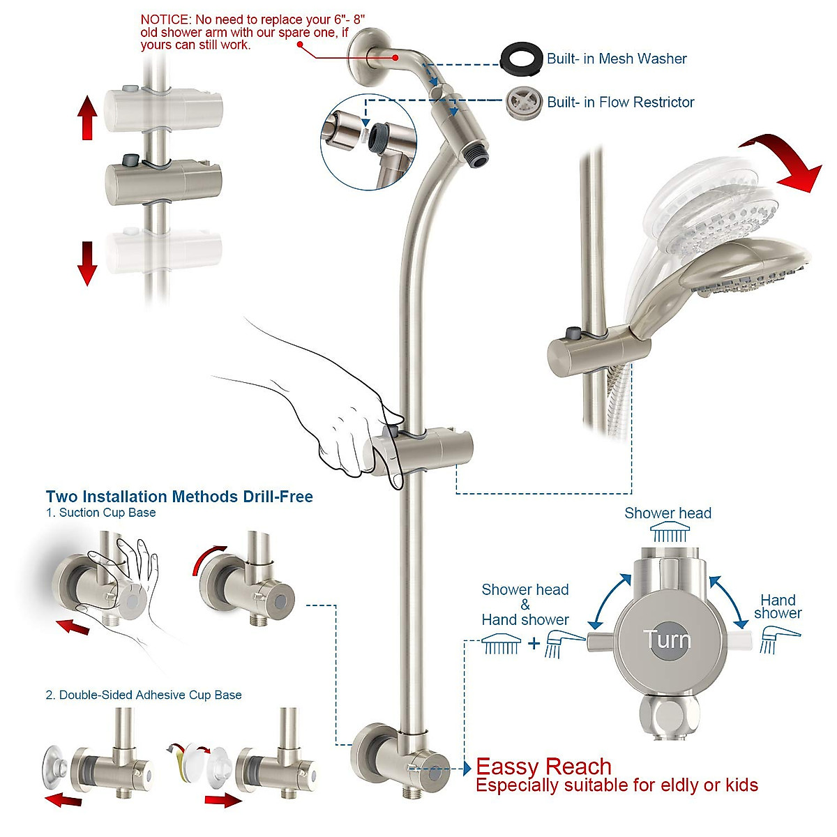 Egretshower Handheld Showerhead & Rain Shower Combo for Easy Reach, 27.5" Drill-free Stainless Steel Slide Bar, 5”of 5-setting Handheld Shower and Showerhead, with 5ft Hose -Brush Nickel
