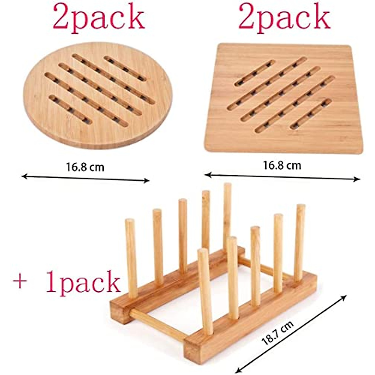 Bamboo Trivet Kitchen Bamboo Hot Pads Trivet Natural Bamboo Trivet Mat Set for Hot Dishes/Pot/Bowl/Teapot/Hot Pot Holders 2 square 2 roundness 1 storage rack