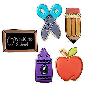 Back to School and Teacher Appreciation Cookie Cutters 5-Pc Set Made in USA by Ann Clark, Apple, Pencil, Crayon, Scissors, Paper