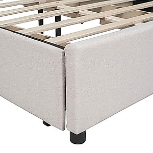 ATY Queen Size Platform Bed with 4 Storage Drawers & Classic Headboard, Upholstered Linen Bedframe, Save Space, Perfect for Bedroom,Livingroom,Guestroom, No Box Spring Needed, Beige