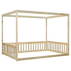 Full Size Canopy Bed Frame with Guardrails for Kids,Floor Bed Full with Four Poster Design,Kids Montessori Floor Bed,Wood Canopy Bed Frame for Girls,Boys(Full,Natural)