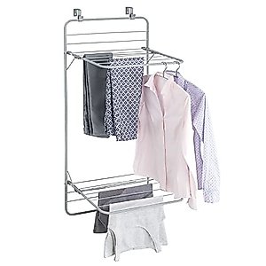 mDesign Steel Collapsible Over The Door, Hanging Laundry Dry Rack Clothes Organizer, 2 Tiers - for Indoor Air-Drying Clothing, Towels, Lingerie, Hosiery, Delicates - Folds Compact - Silver/Gray