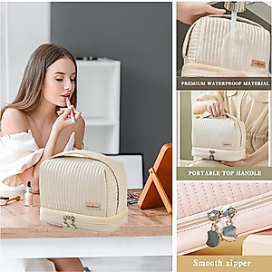 Cute Cosmetic Bag Makeup Bag Set of 3 Travel Toiletry Bag Women Cosmetic Bag Organizer Waterproof Leather Cosmetic Bag Set With Handle Zipper Cosmetic Bag On-the-Go Cosmetic Bag(Off-white color)