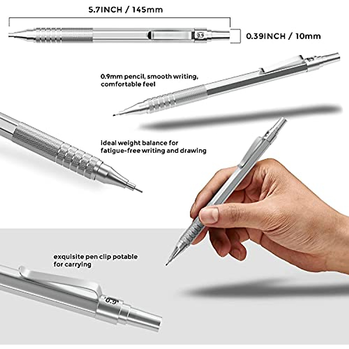 Nicpro Metal 0.9 mm Mechanical Pencils Set with Case, with 3PCS 0.9mm Drafting Pencil, 6 Tubes HB Lead Refills, 3PCS Erasers, Erasers Refills for Adults, Children, Artist Writing, Drawing, Sketching
