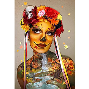 DreamLily Frida Kahlo Mexican Flower Crown Headband Halloween Party Costume Dia de los muertos Headpiece NC25 (A-Rose skull ribbon)