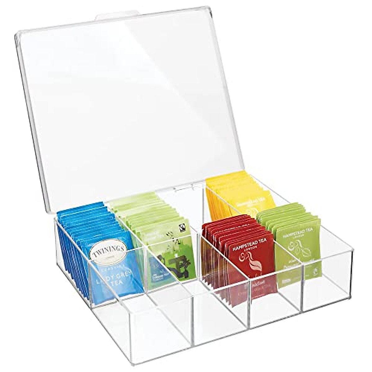 mDesign Tea Storage Organizer Box - 8 Divided Sections, Easy-View Hinged Lid - Use in Kitchen, Pantry, and Cabinets; Holder for Tea Bags, Packets, Small Items and Accessories, BPA free - Clear