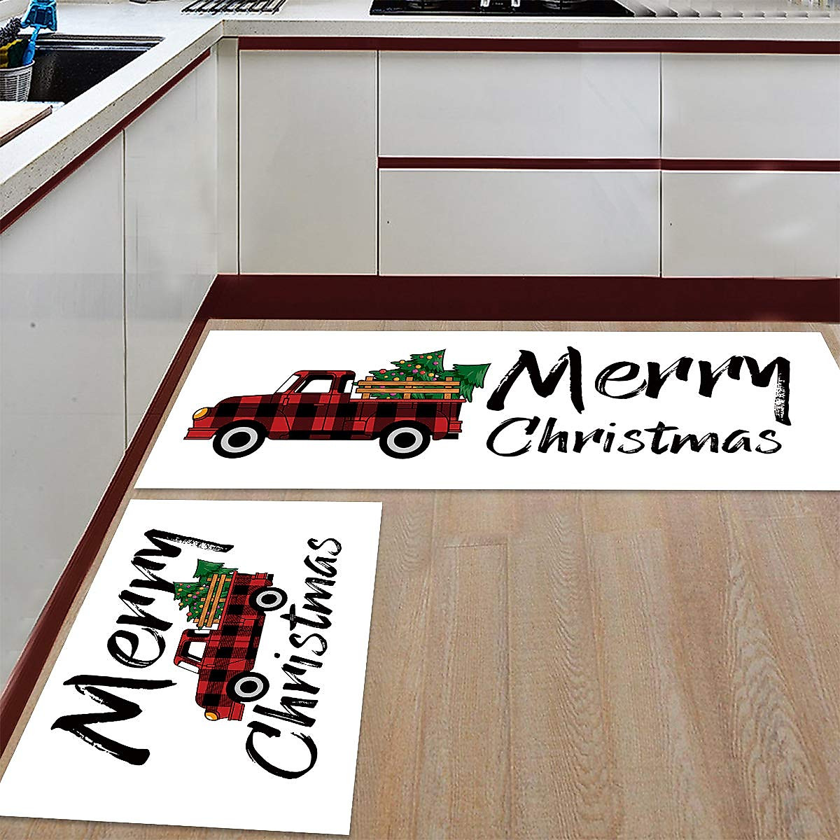 LooPoP Merry Christmas Tree Kitchen Mats for Floor Cushioned Anti Fatigue 2 Piece Set Kitchen Runner Rugs Non Skid Washable Red and Black Check Lattice Truck 15.7x23.6+15.7x47.2inch